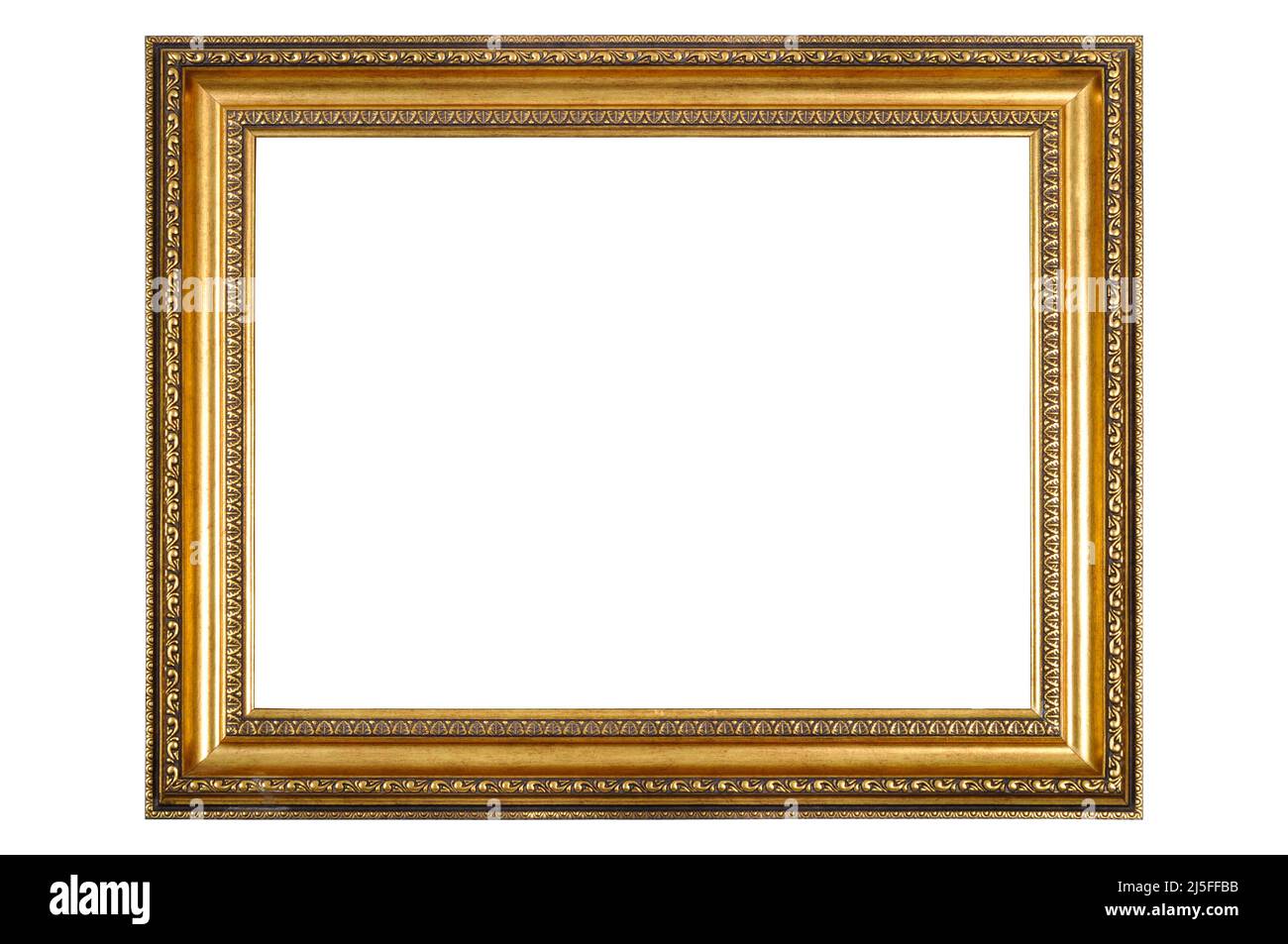 Rectangular empty wooden and gold gilded frame isolated on white ...
