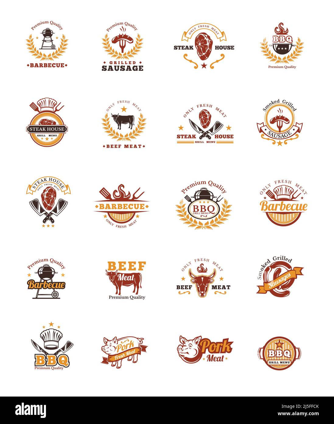 Set of vector color grill and barbecue badges, stickers, emblems ...