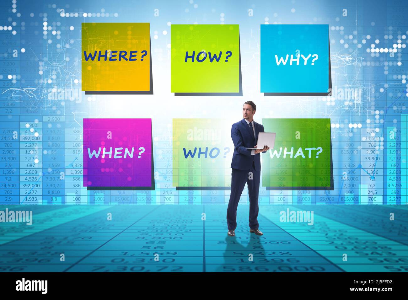 Concept of many questions with the businessman Stock Photo - Alamy