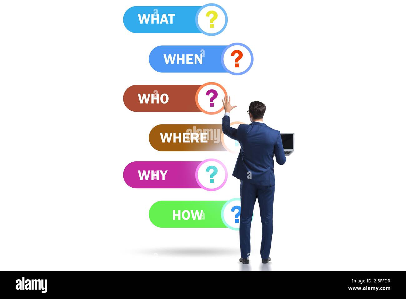 Concept of many questions with the businessman Stock Photo - Alamy