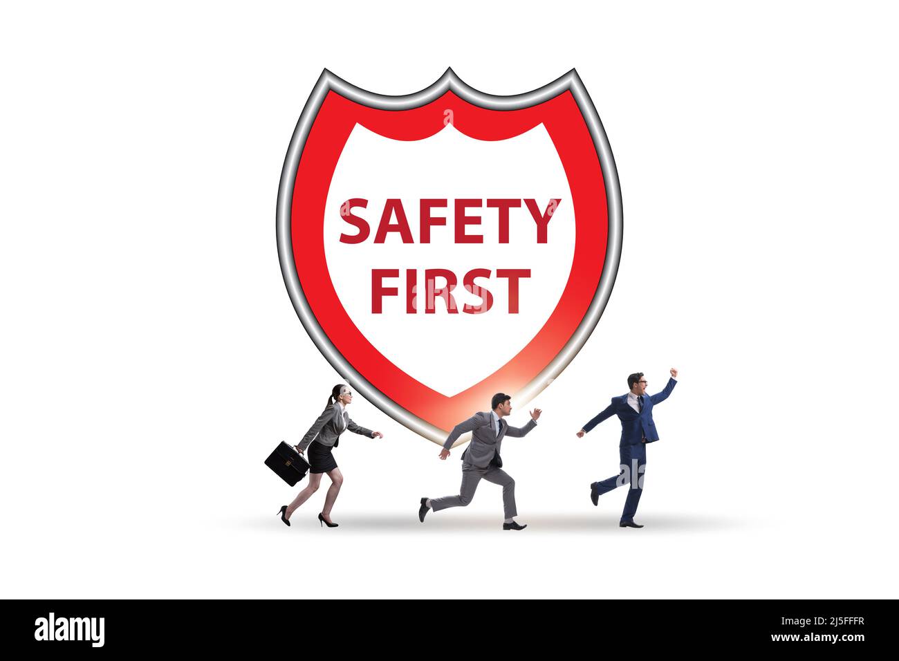 Safety first badge with the business people Stock Photo - Alamy