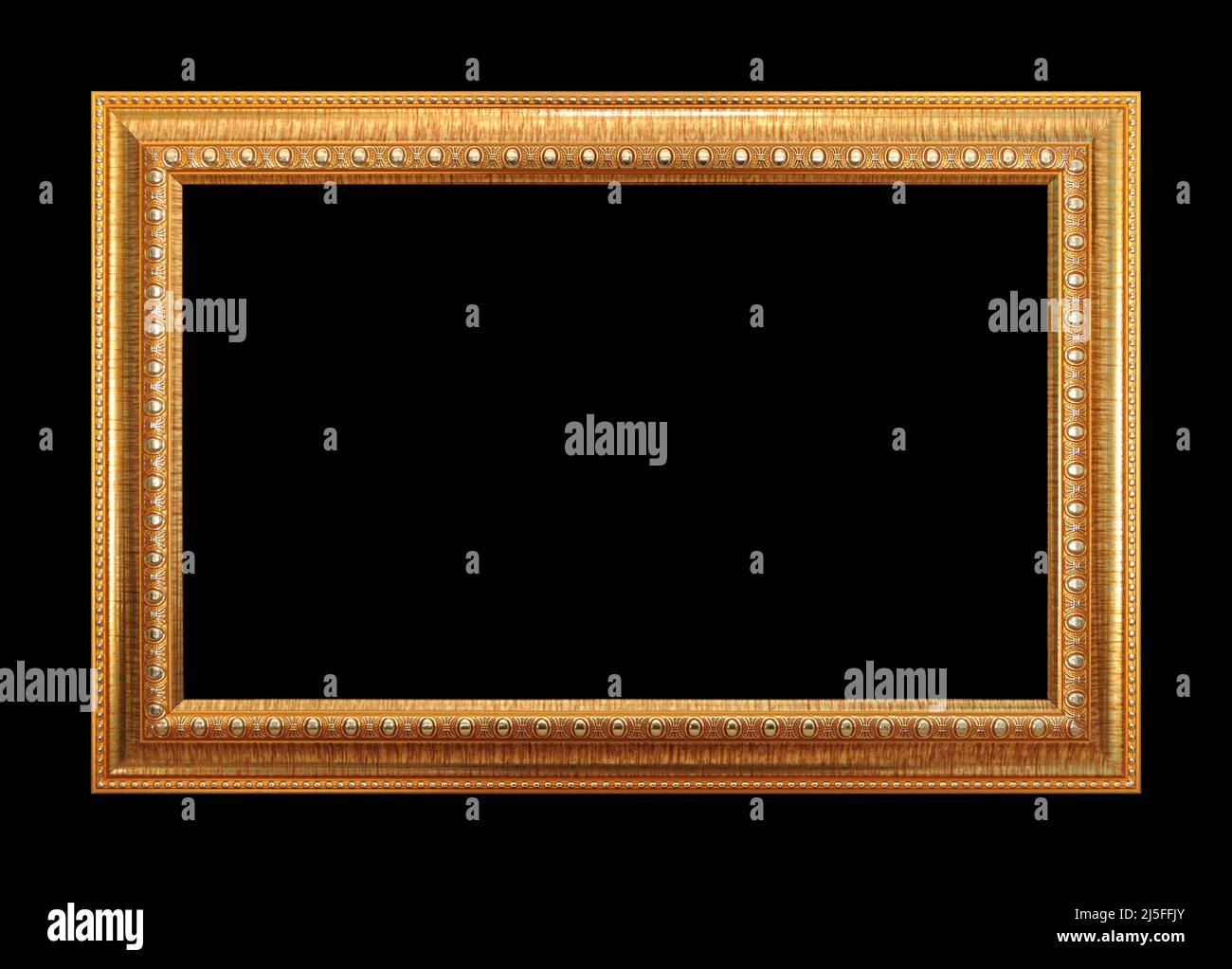 Rectangular empty wooden and gold gilded frame isolated on black ...