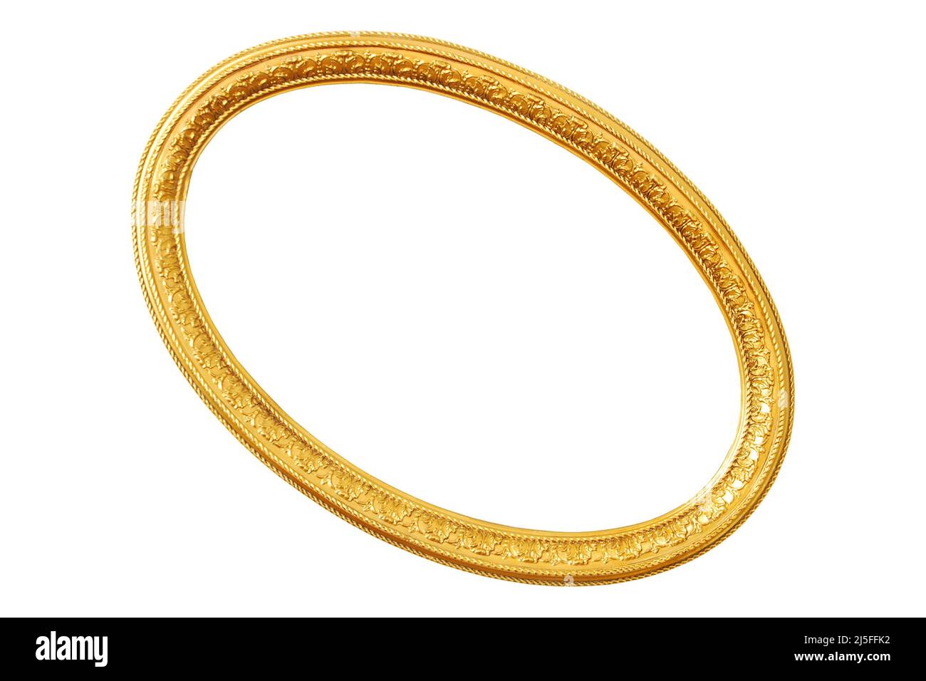 Oval empty wooden and gold gilded frame isolated on white background ...