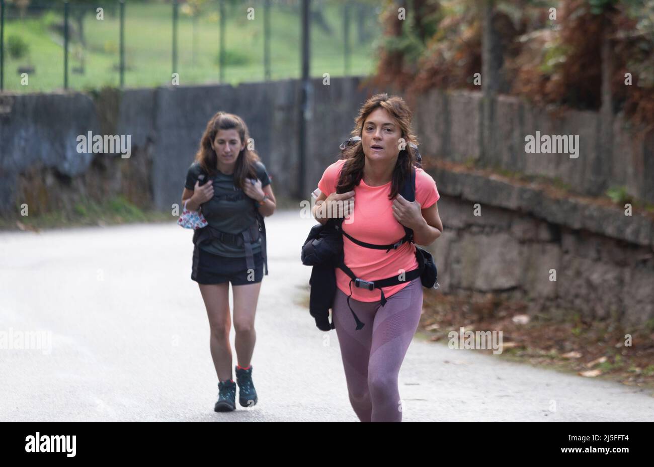Two pilgrims on the Portuguese Camino de Santiago in O Viso, Redondela ...