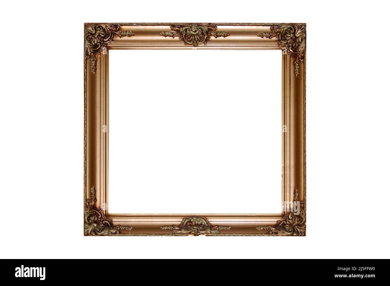 Square empty wooden and gold gilded frame isolated on white background ...