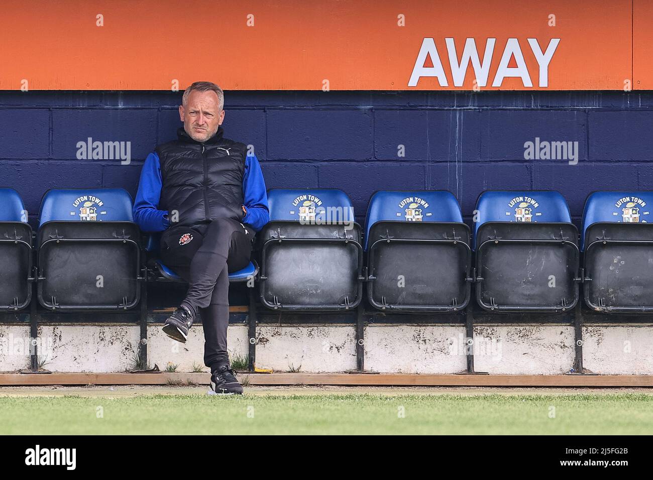 Neil Critchley head coach of Blackpool sits in the away bench at ...