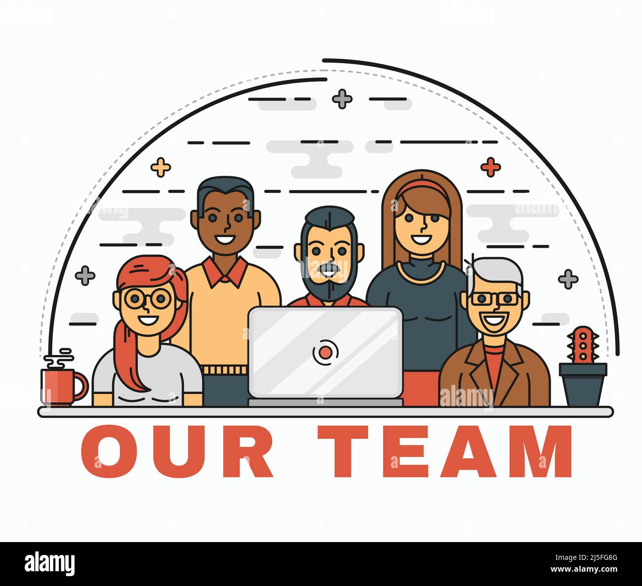 Vector line art flat illustration of a successful friendly business ...