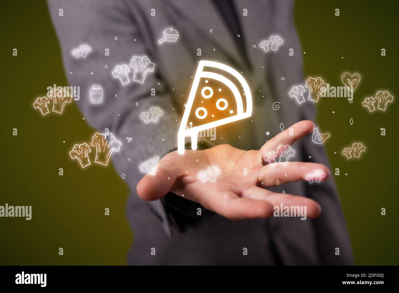 Hand holding food related icons Stock Photo - Alamy