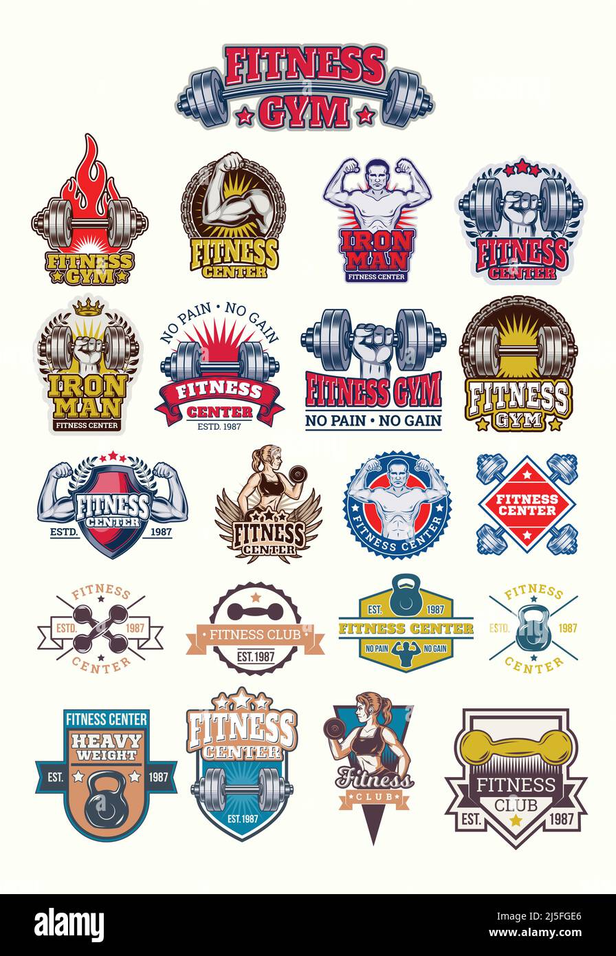 Set of vector bodybuilding emblems, badges, stickers isolated on white ...