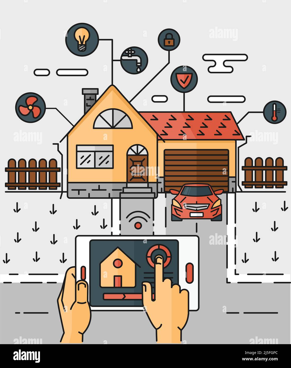 Vector line art illustration of an abstract scheme of the smart home ...