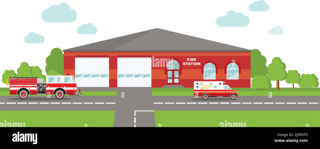 Panoramic background with fire station building and fire truck Stock ...