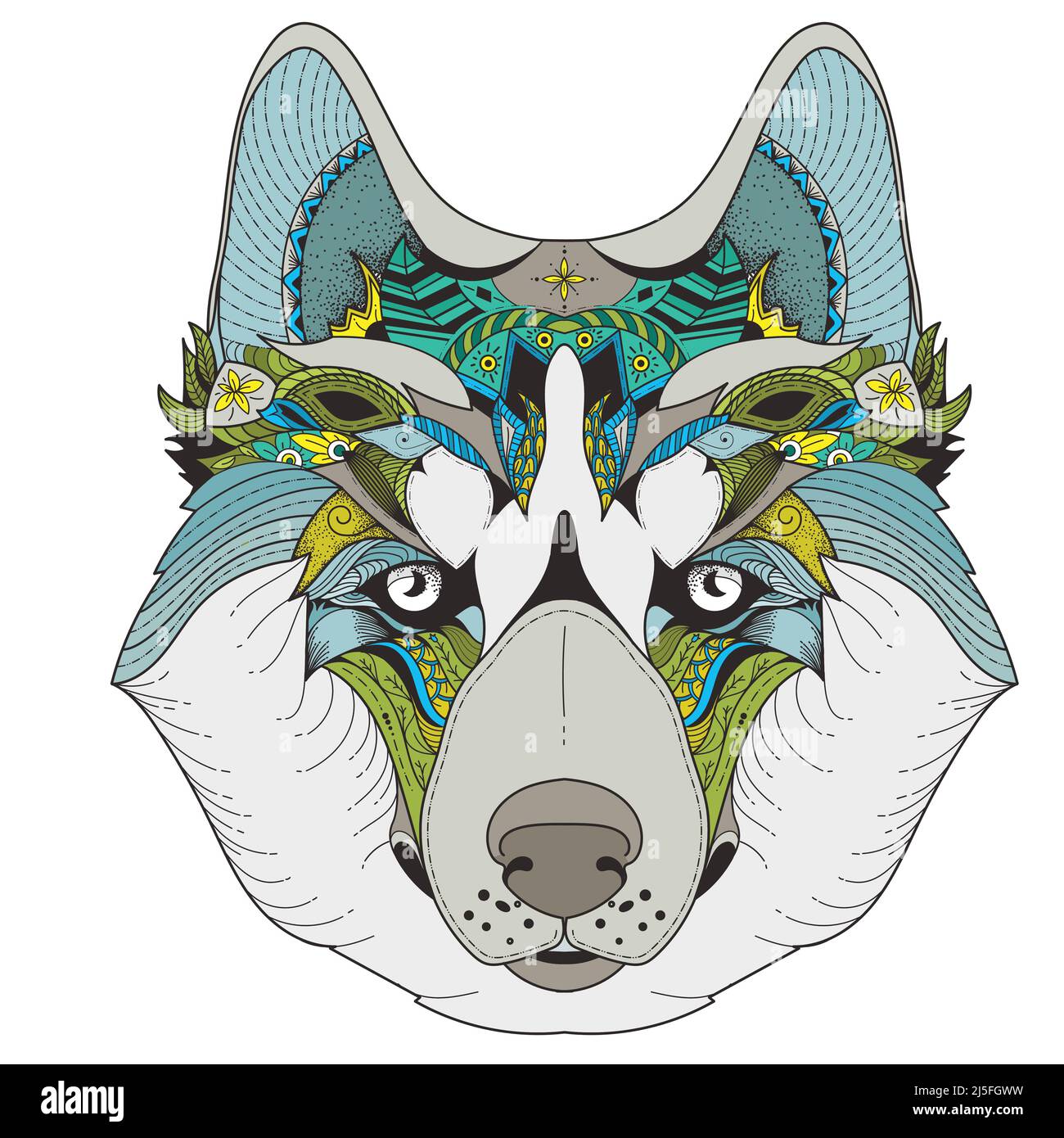 Vector color zenart illustration of husky with tribal mandala patterns ...