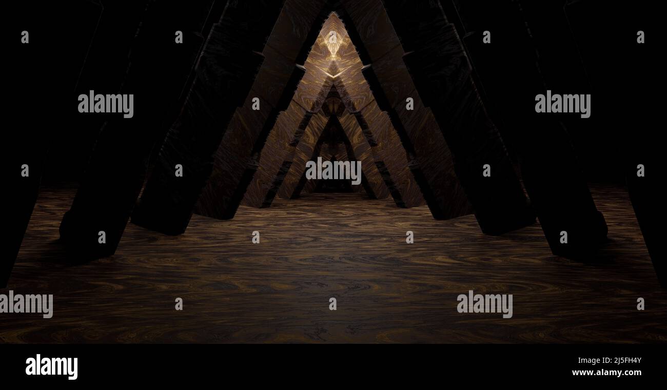 Triangular tunnel with wooden materials futuristic, 3d rendering Stock ...