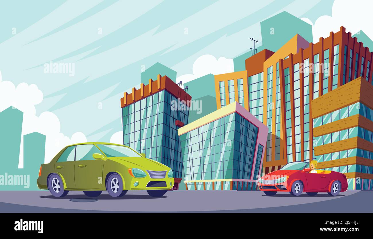 Vector cartoon illustration of an urban landscape with large modern ...