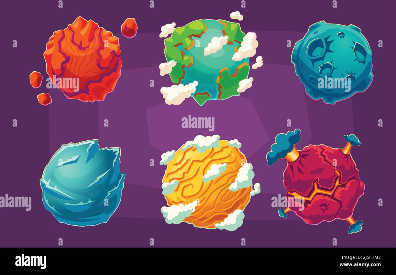 Set of vector cartoon illustrations fantasy alien planets, funny ...