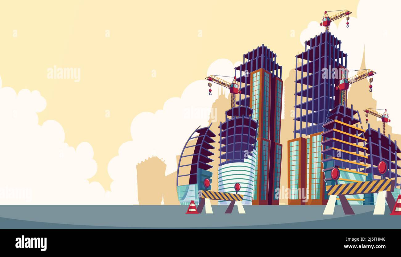 Vector cartoon illustration of the process of the construction of ...