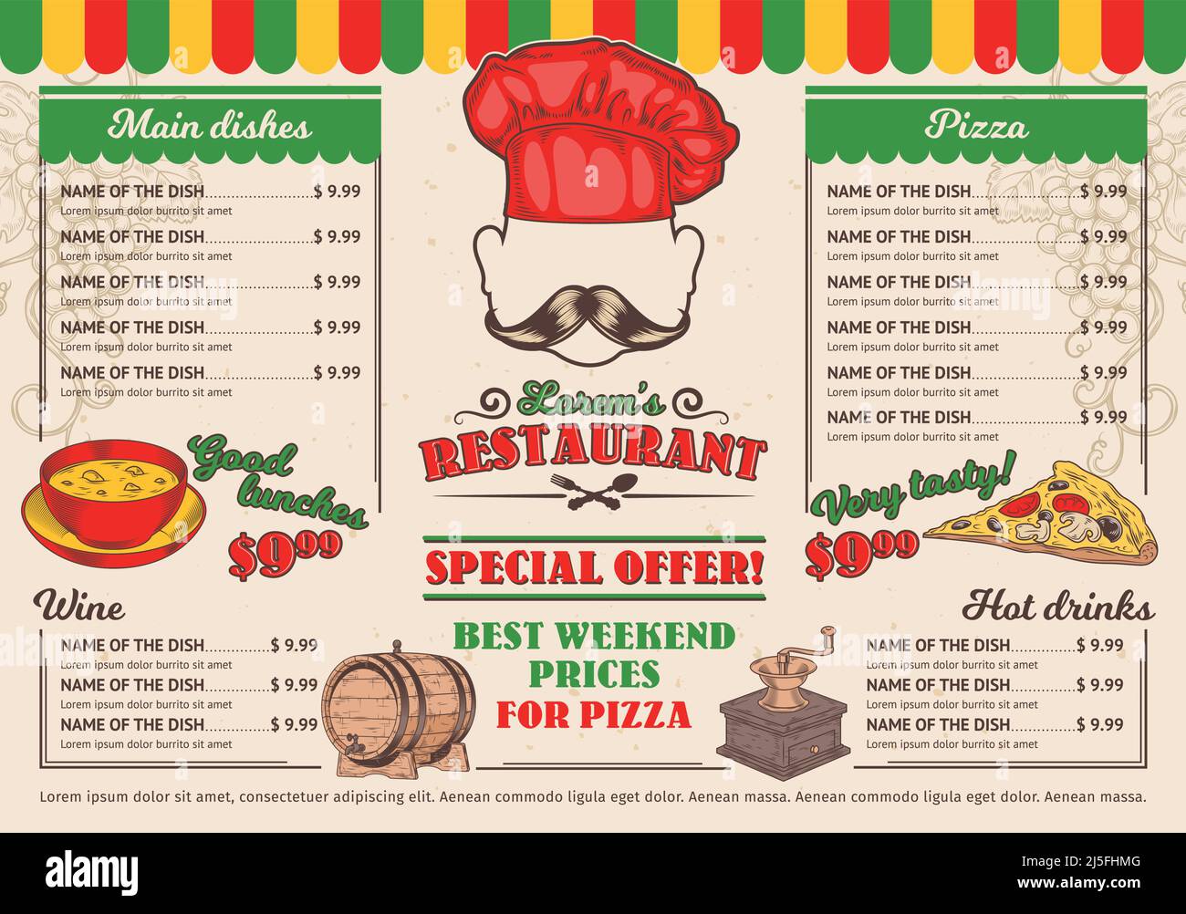 Vector illustrations Italian restaurant menu, a cafe in the traditional ...