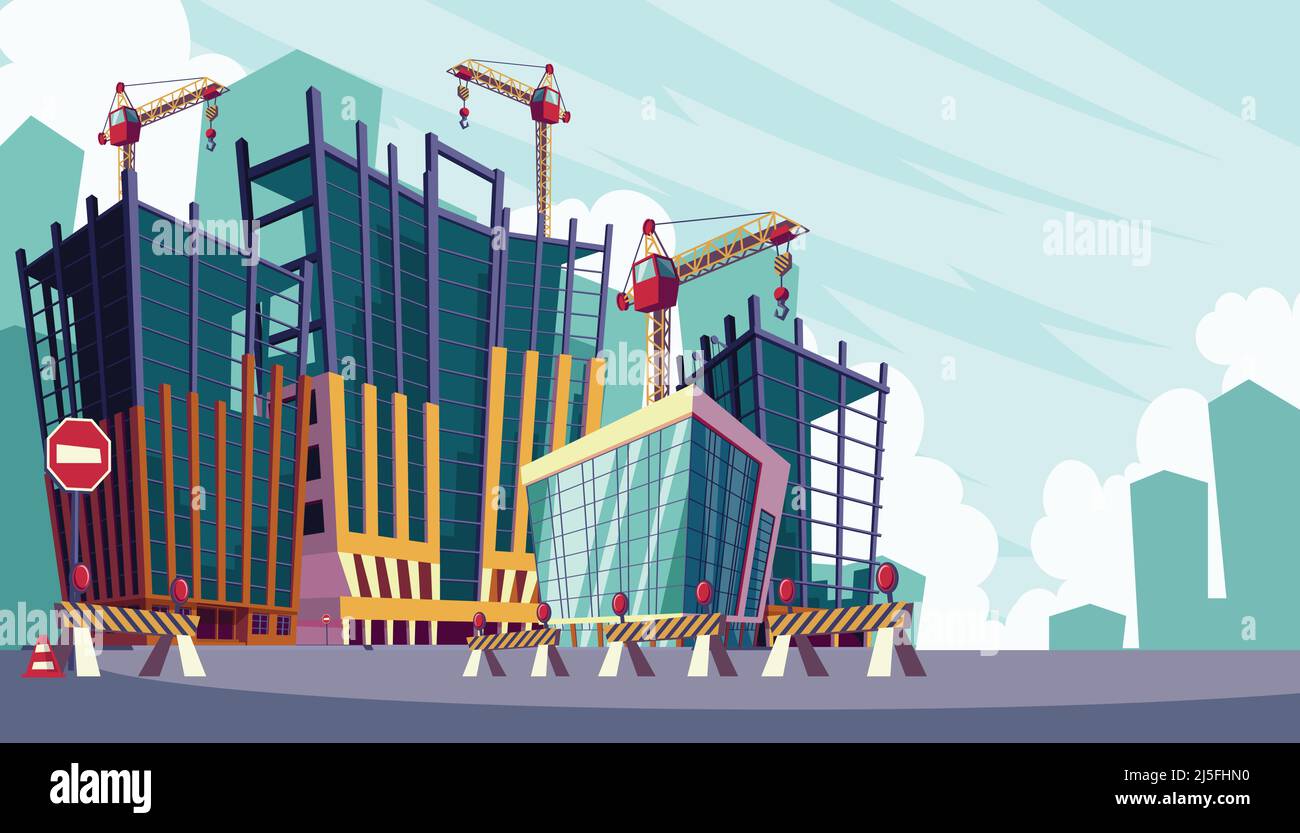 Vector cartoon illustration of the process of the construction of ...