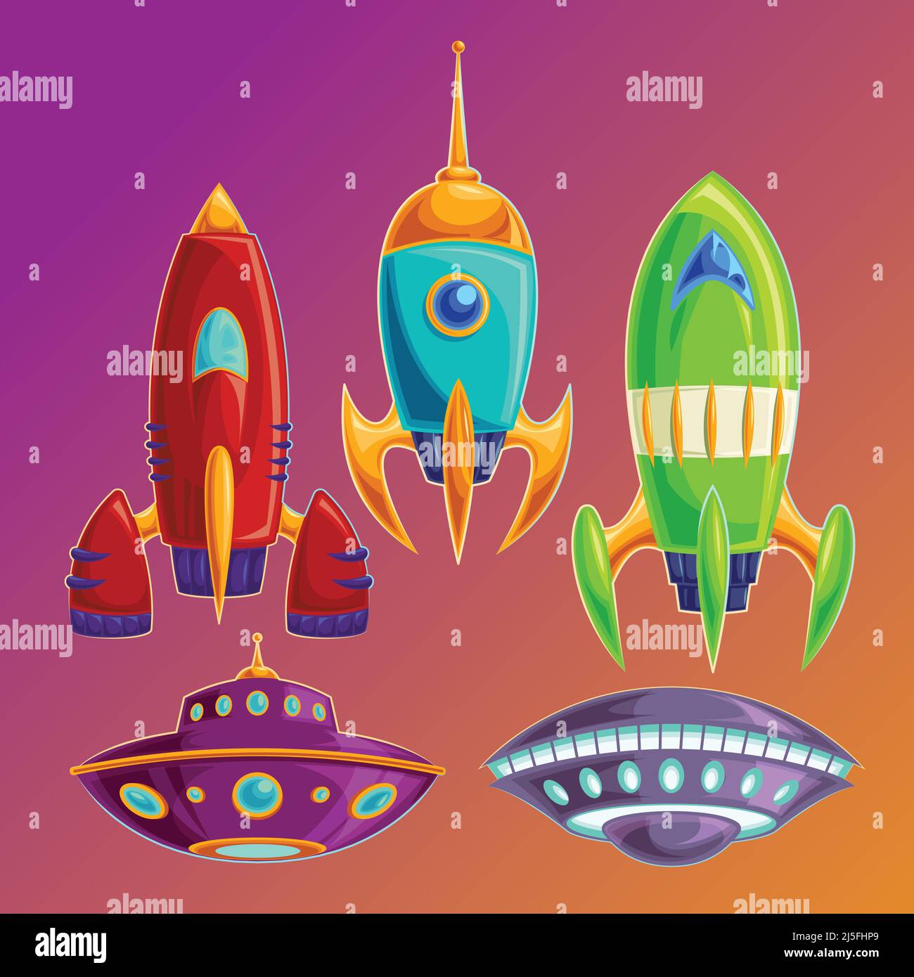 Vector cartoon icons fantasy space rockets and flying saucers on the ...
