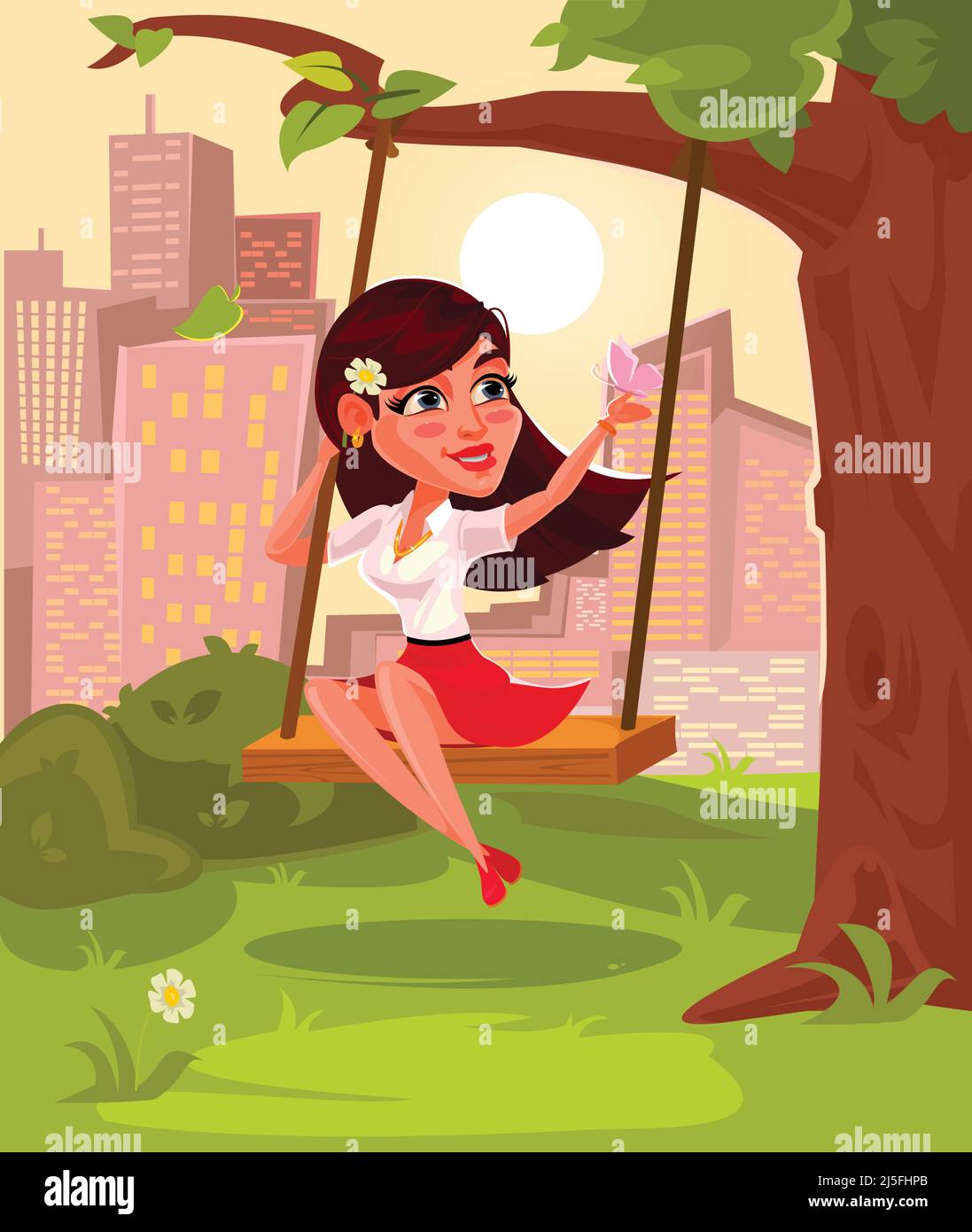 Vector illustration of a young girl sitting on a swing and swings Stock ...