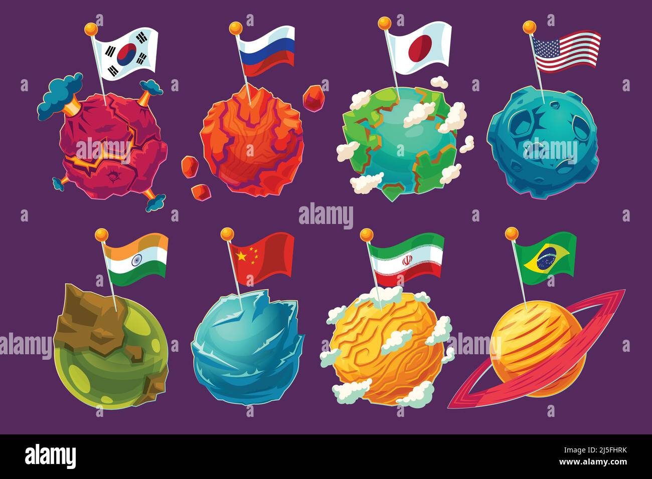Set of vector cartoon illustrations fantasy alien planets with ...