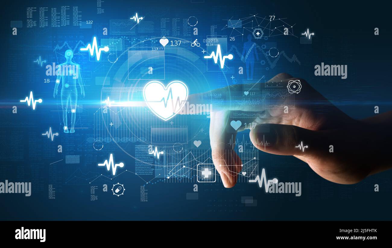 Doctor hand pressing futuristic health device with medical symbol on ...