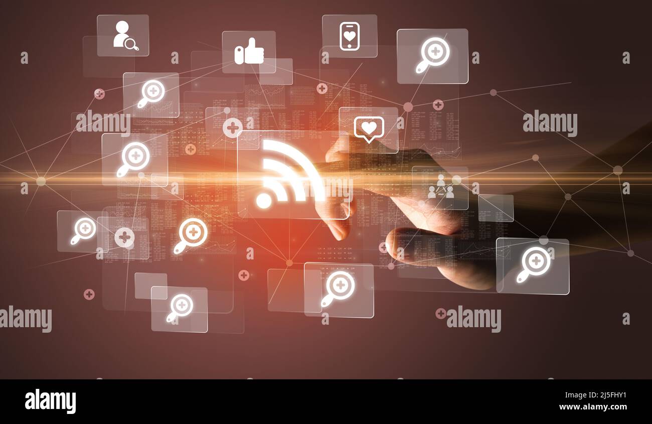 Hand pressing social media multimedia application screen with media ...