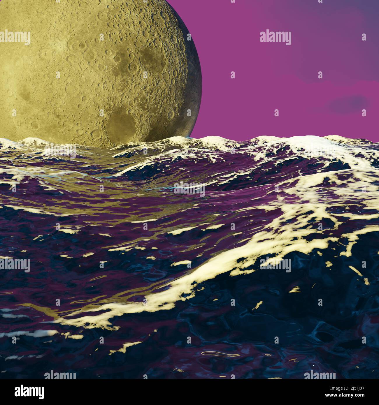 beautiful fantastic landscape of the night sky moon and ocean sea. 3d ...