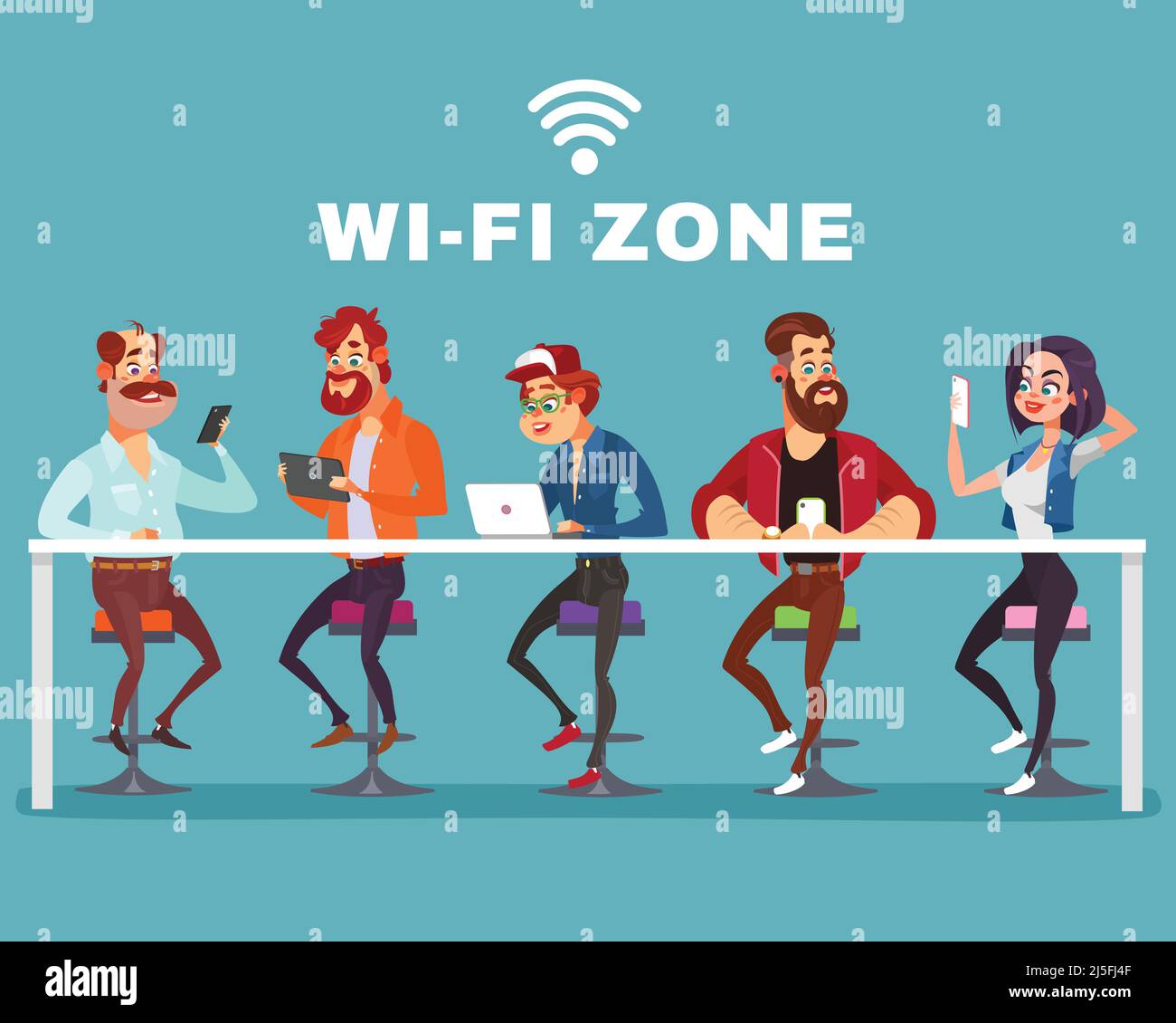 Vector cartoon illustration of a men and a woman using their phones ...