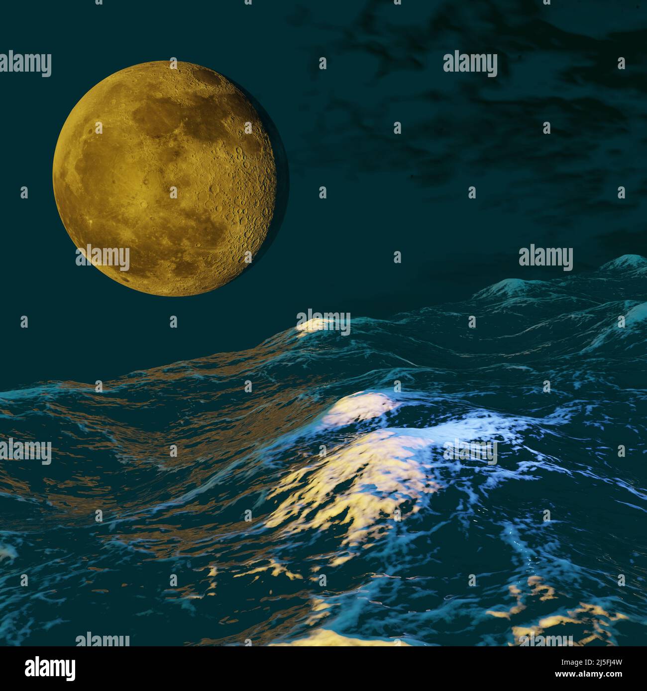 beautiful fantastic landscape of the night sky moon and ocean sea. 3d ...