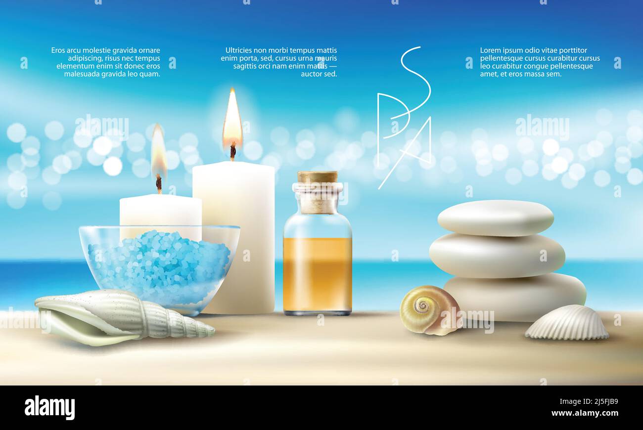 Vector illustration of a realistic style, set for spa treatments with aromatic salt , massage ...