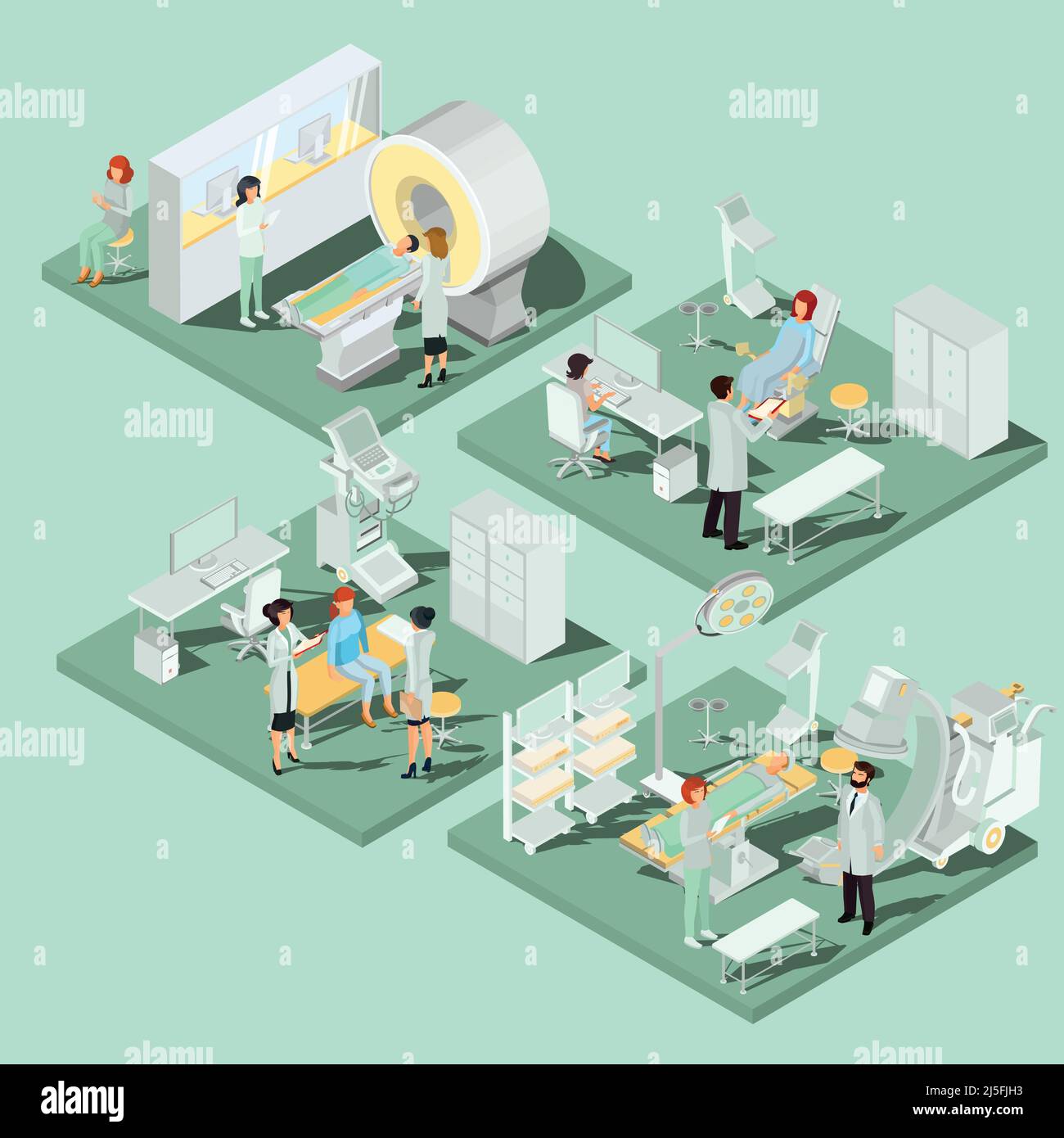 Set of 3D flat isometric illustrations interior of medical premises in ...