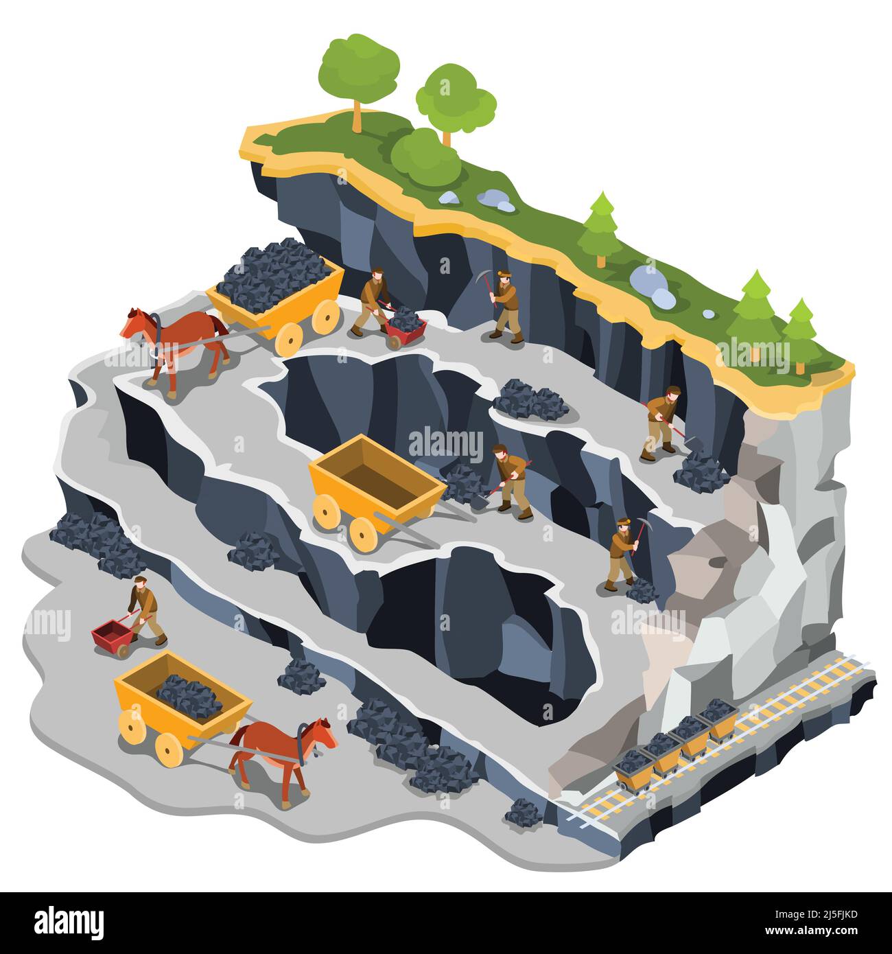 Vector 3D isometric illustration of a coal mine quarry with miners ...
