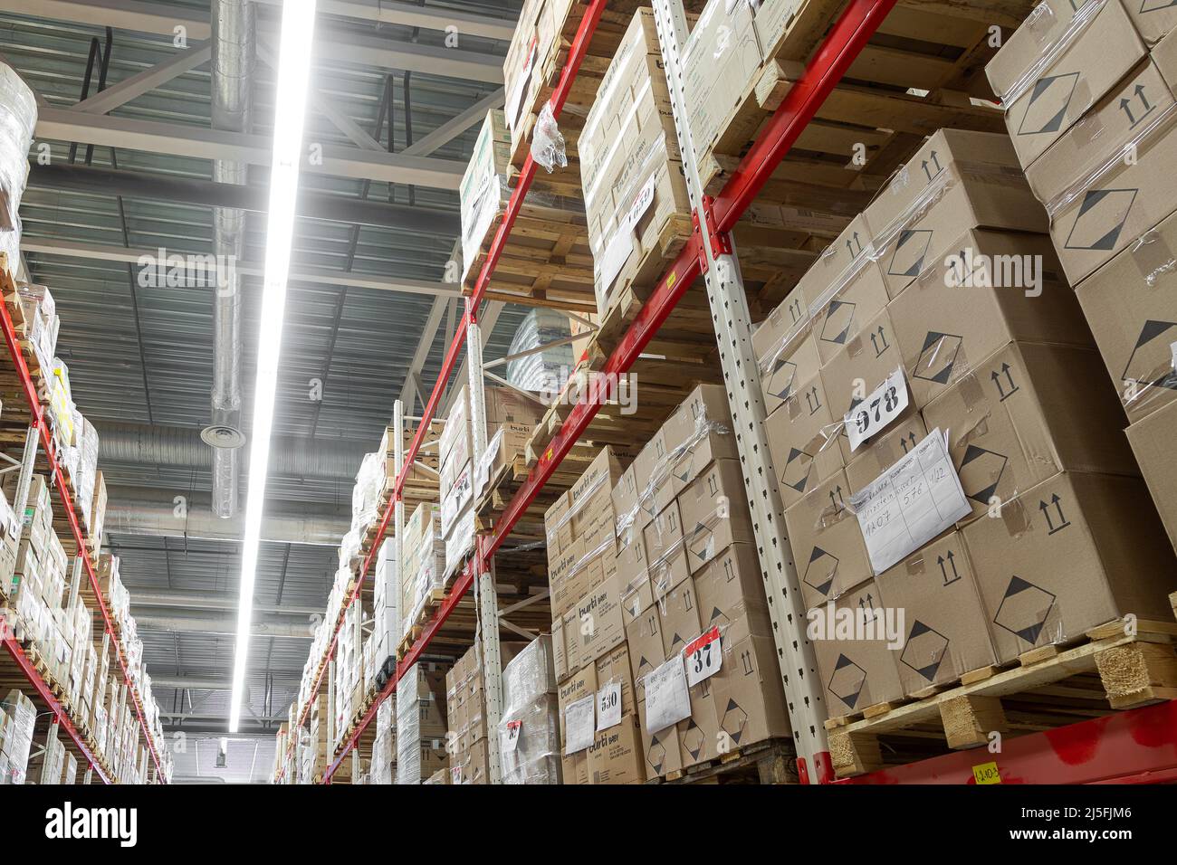 system for storing goods in a logistics warehouse on racks Stock Photo ...