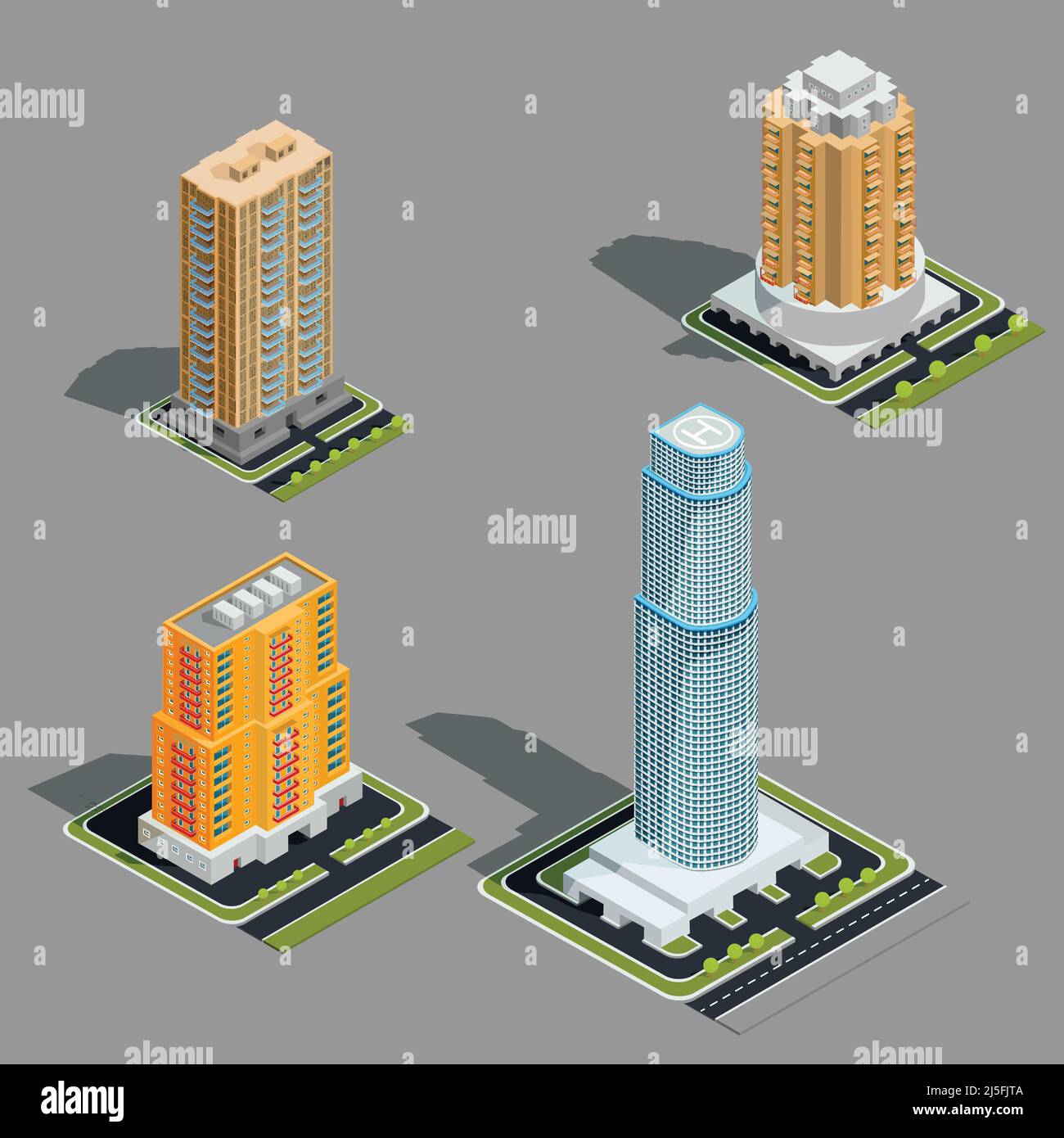 Vector isometric 3D illustrations icons of buildings skyscrapers, tower ...