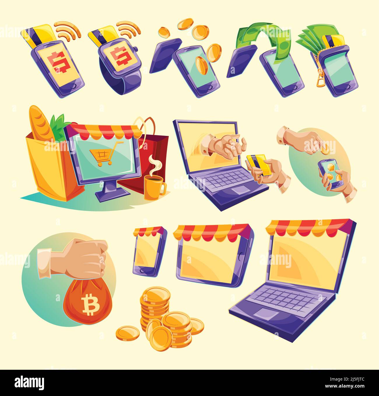 Vector cartoon illustration devices for e-payments. Icons of mobile ...