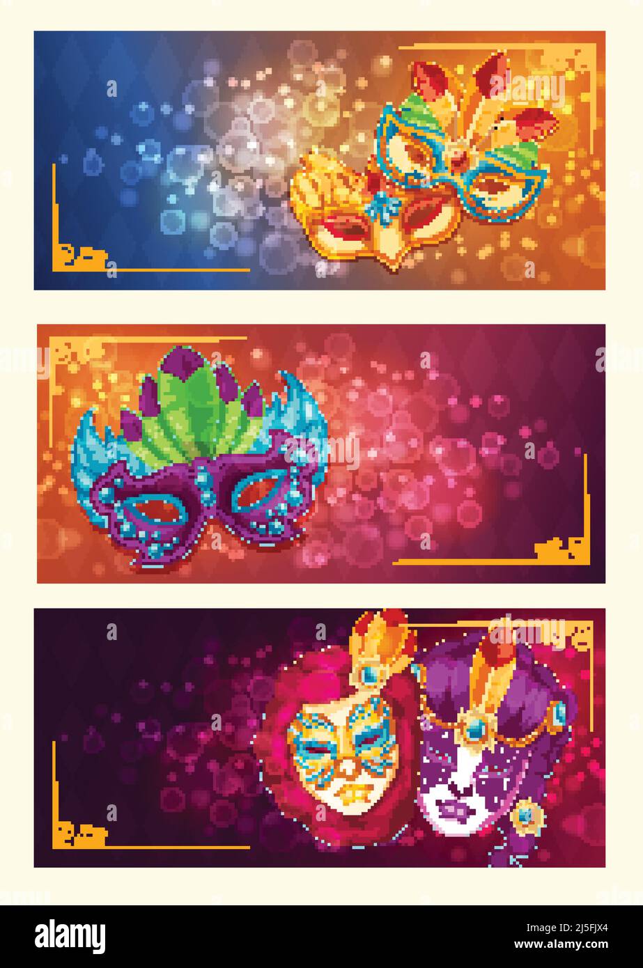 Collection of cartoon banners with venetian painted carnival facial ...