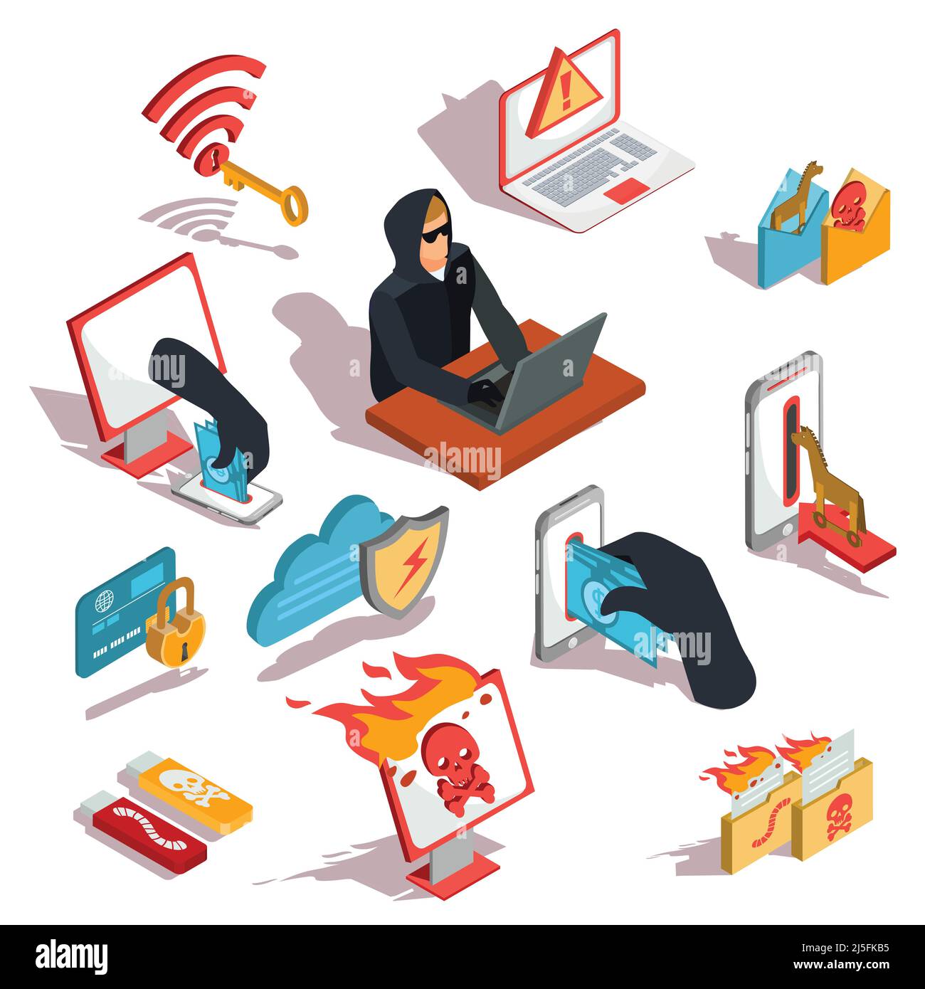 Set of vector isometric illustrations, hacker icons, computer security ... Set of vector isometric illustrations, hacker icons, computer security ...