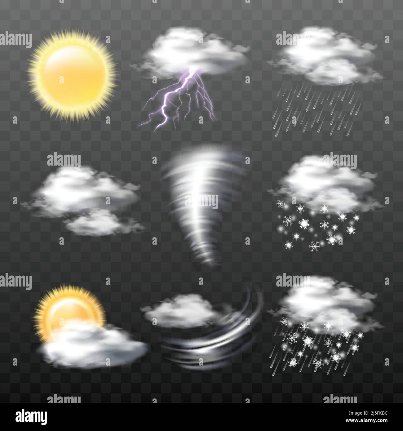 Set of vector realistic weather icons - sun, clouds, thunderstorm with ...