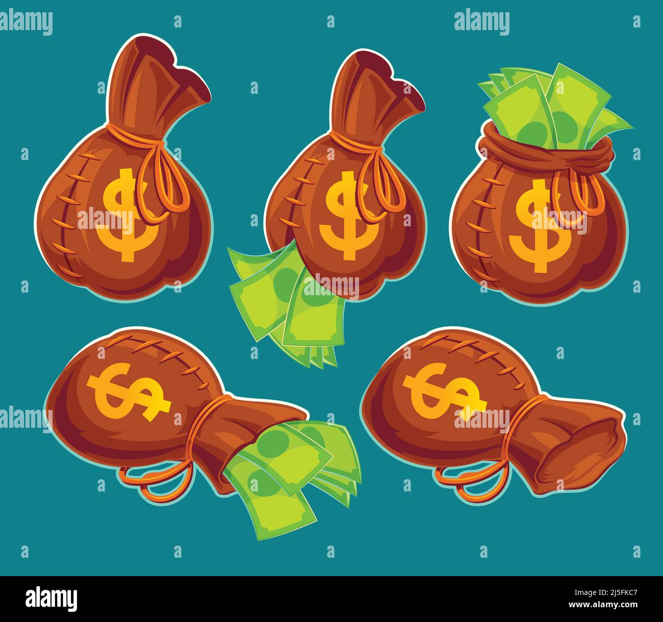 Collection of vector cartoon illustrations of bags with banknotes ...