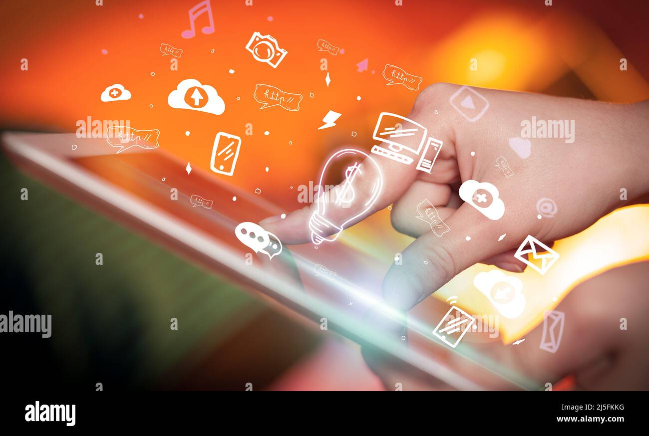 Close-up of a touchscreen with hand drawn icons Stock Photo - Alamy