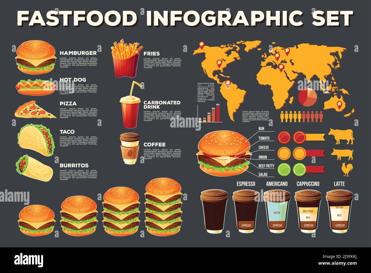 Set of vector illustrations, fast food infographic elements, icons ...