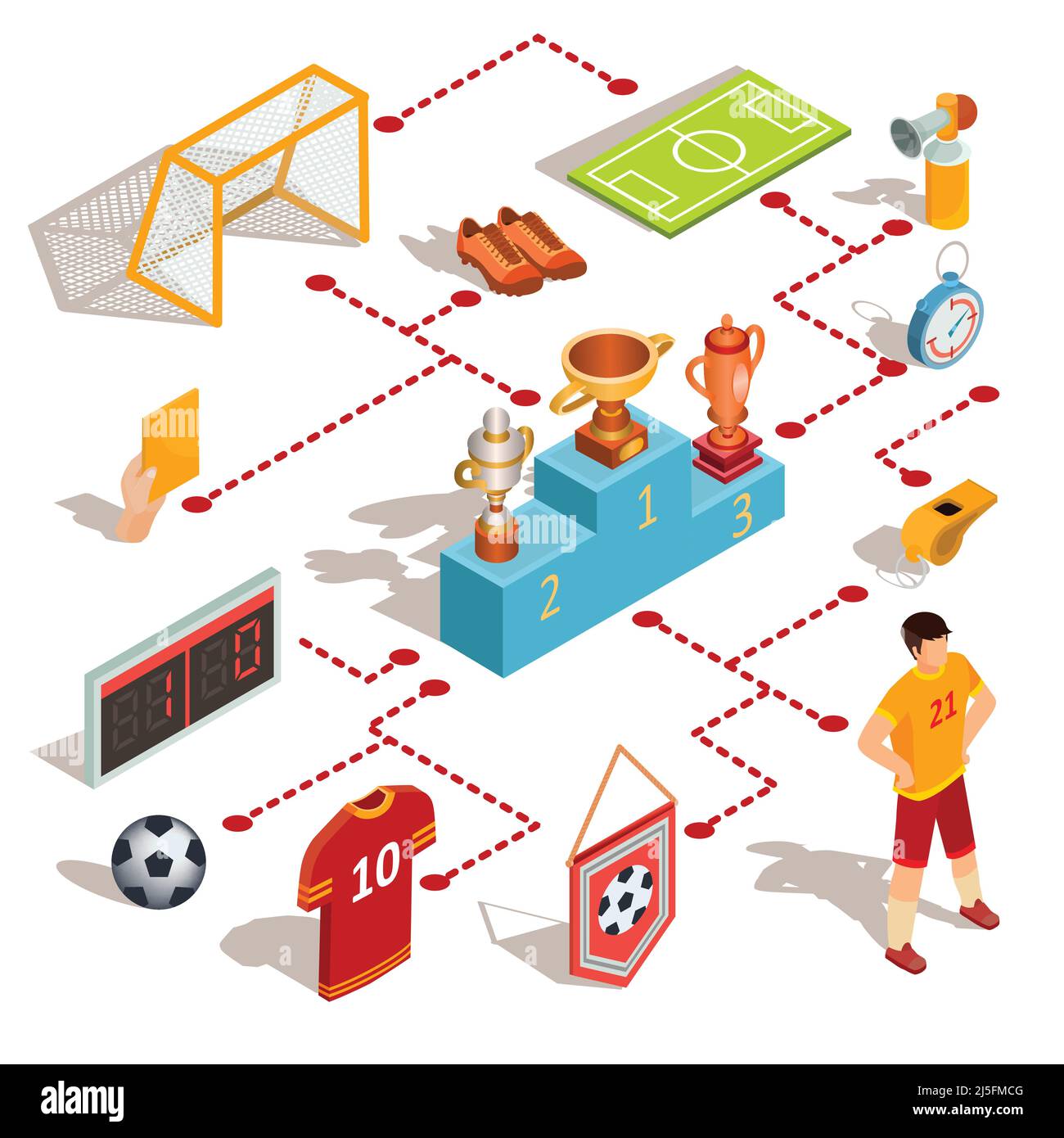 Set of vector isometric soccer icons - soccer field, ball, whistle ...
