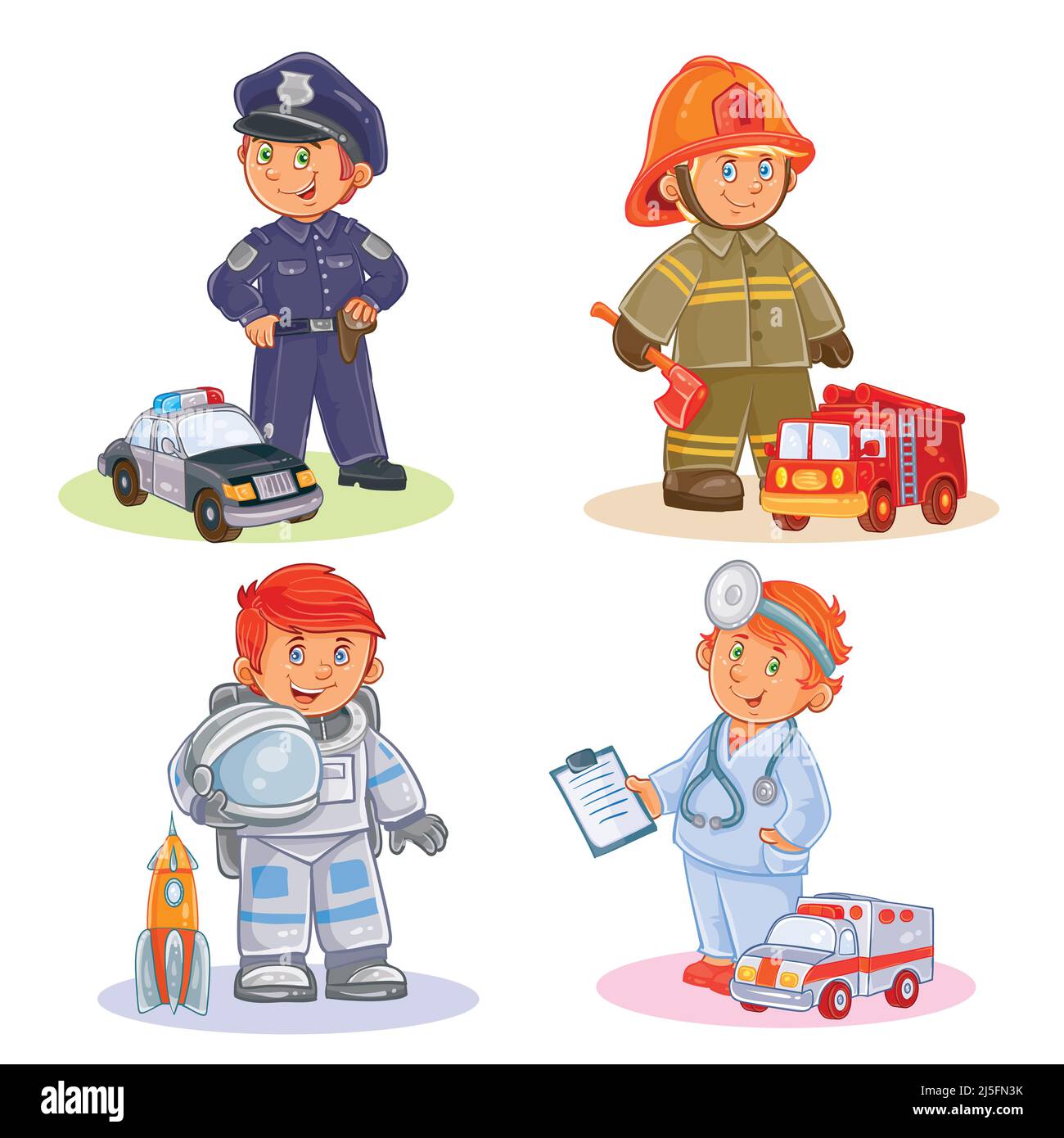 Set of vector icons of small children police, firefighter, astronaut ...