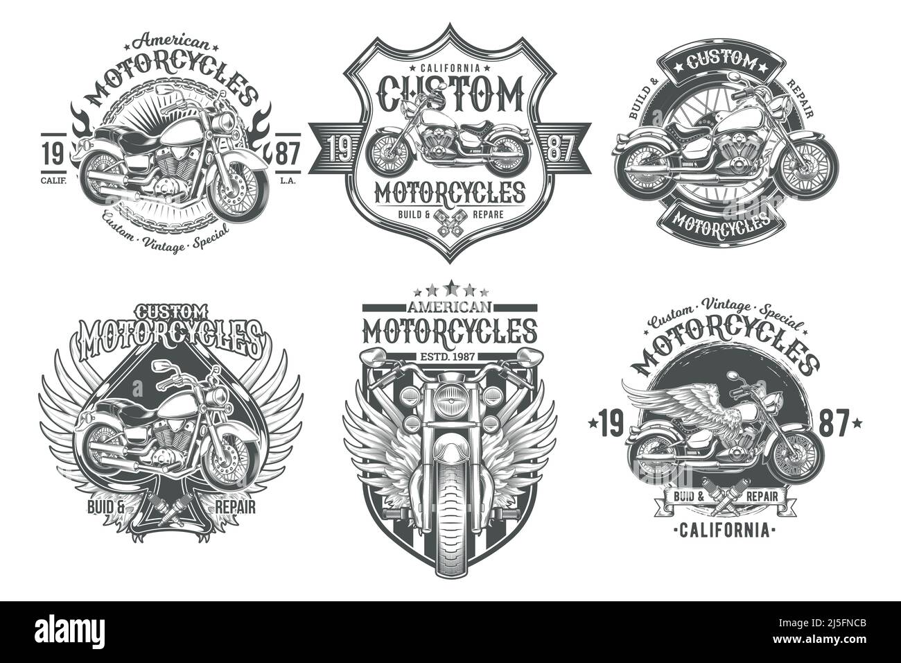 Set vector black vintage badges, emblems with a custom motorcycle ...
