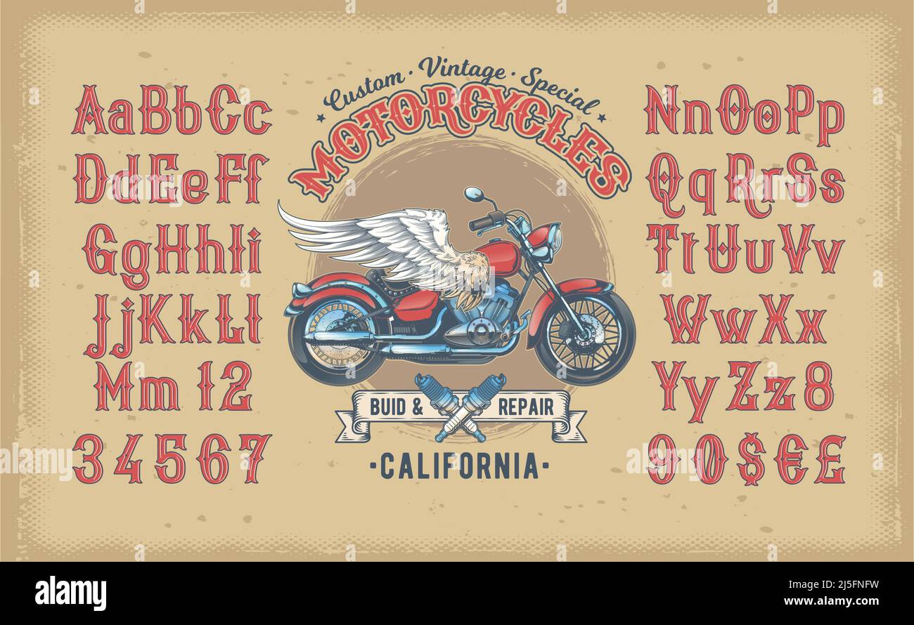 Vector illustration of a red vintage font, the Latin alphabet with ...