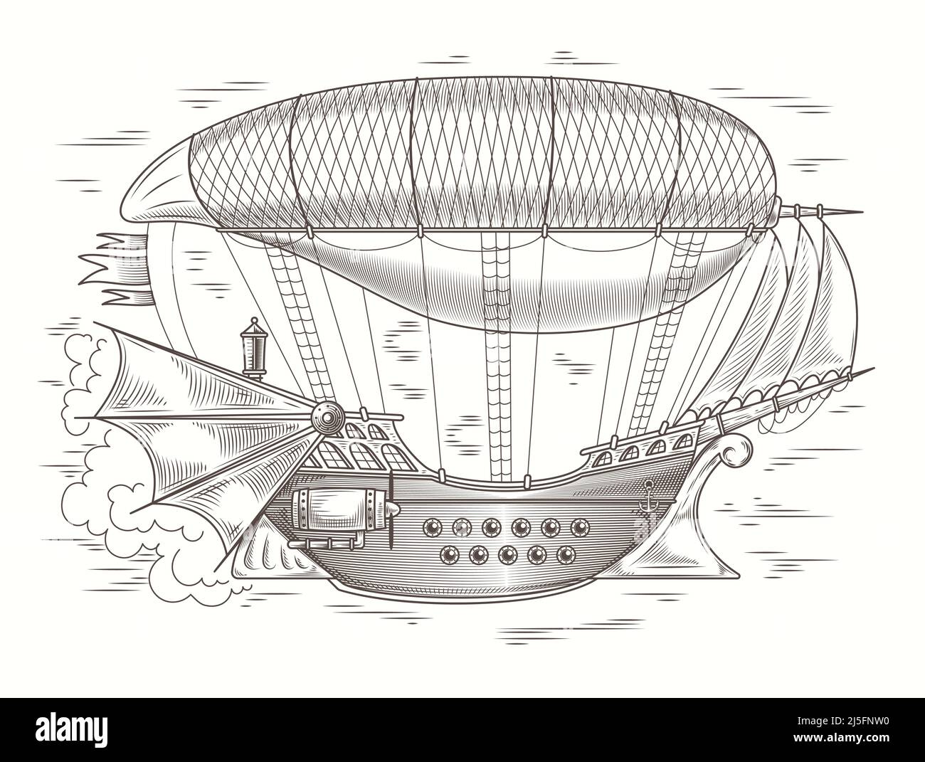 Vector steampunk illustration of a fantastic wooden flying ship in the ...