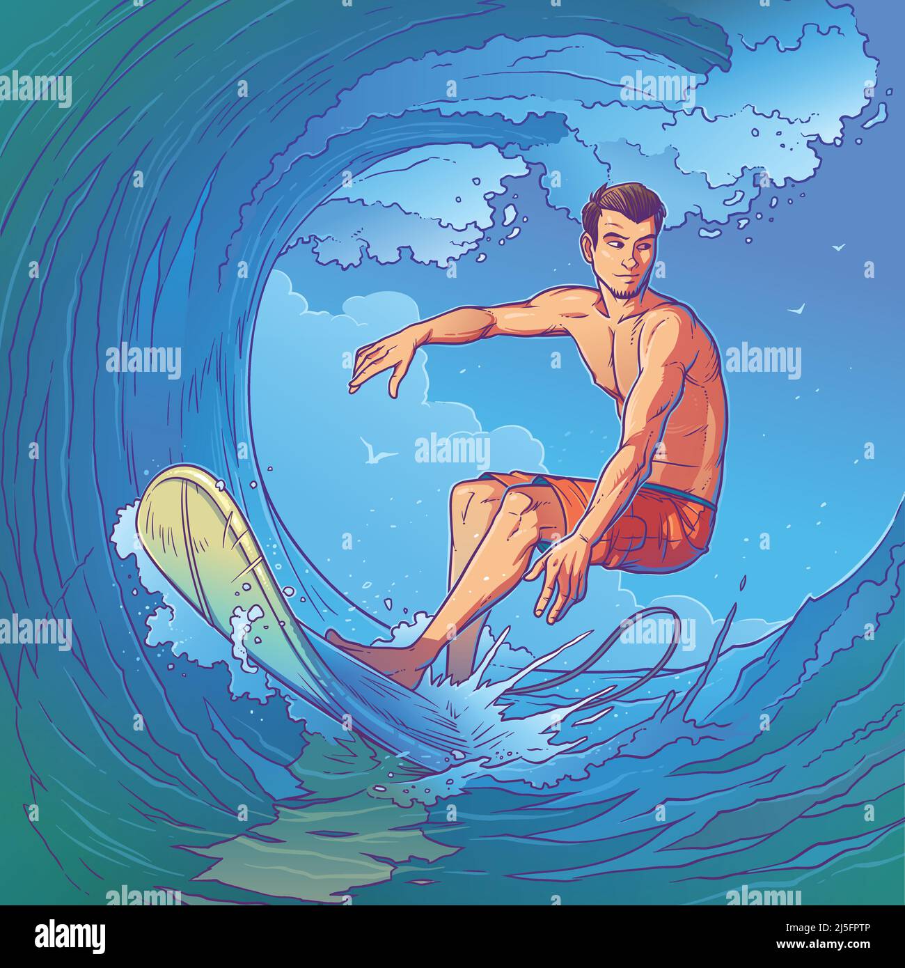Vector illustration of a surfer riding a big wave Stock Vector Image ...