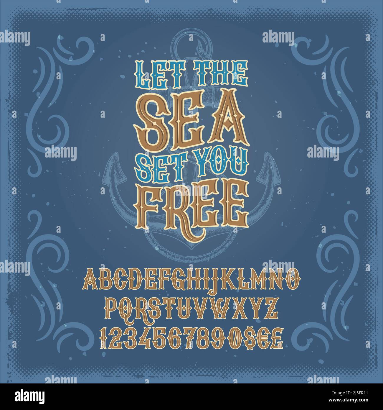 Vector illustration of a vintage font, the Latin alphabet and numerals ...