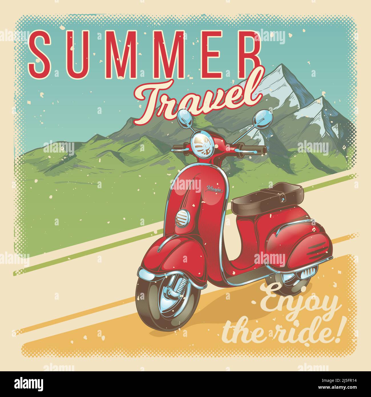 Vector illustration, poster with red vintage scooter, moped against the ...
